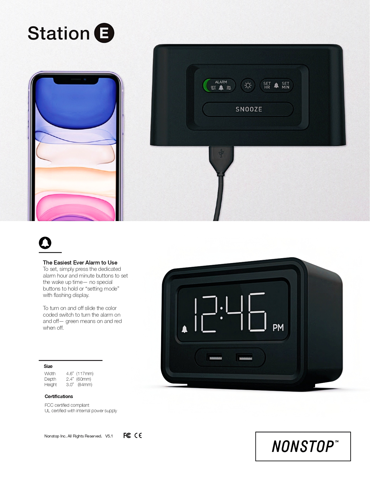 Nonstop™ Station E Hotel Alarm Clock With Dual Usb